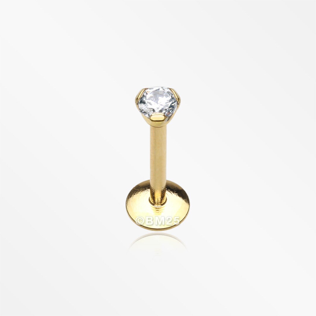 Golden Gem Top Prong Set Steel Labret-clear Gem - Etsy