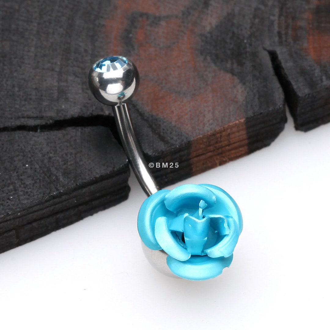 Bright Metal Rose Blossom Belly Button Ring Aqua - Etsy