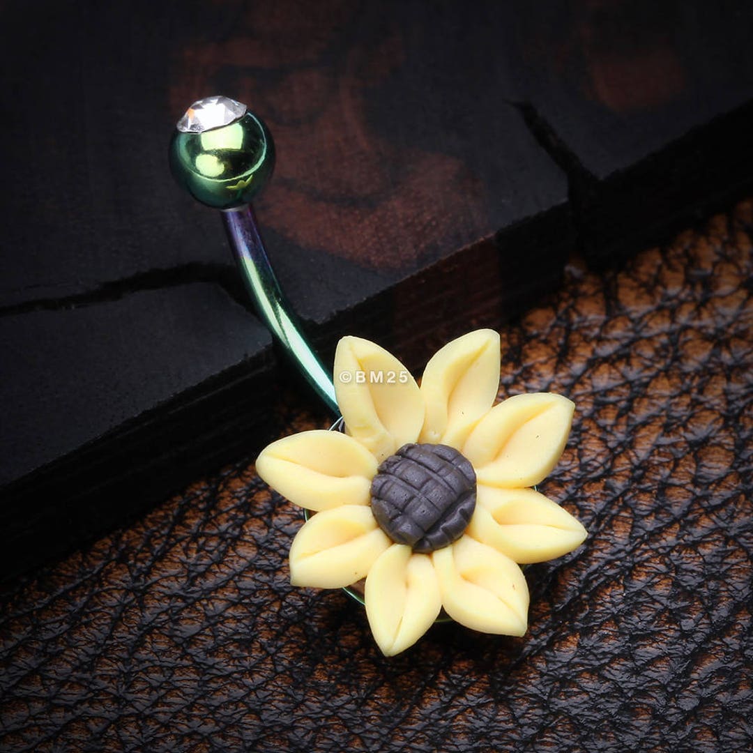 Colorline Sunflower Clay Belly Button Ring-green/clear - Etsy