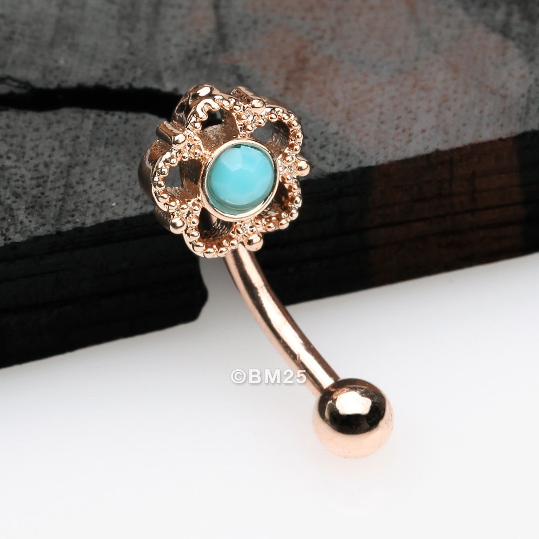 Rose Gold Bali Turquoise Filigree Flower Curved Barbell - Etsy