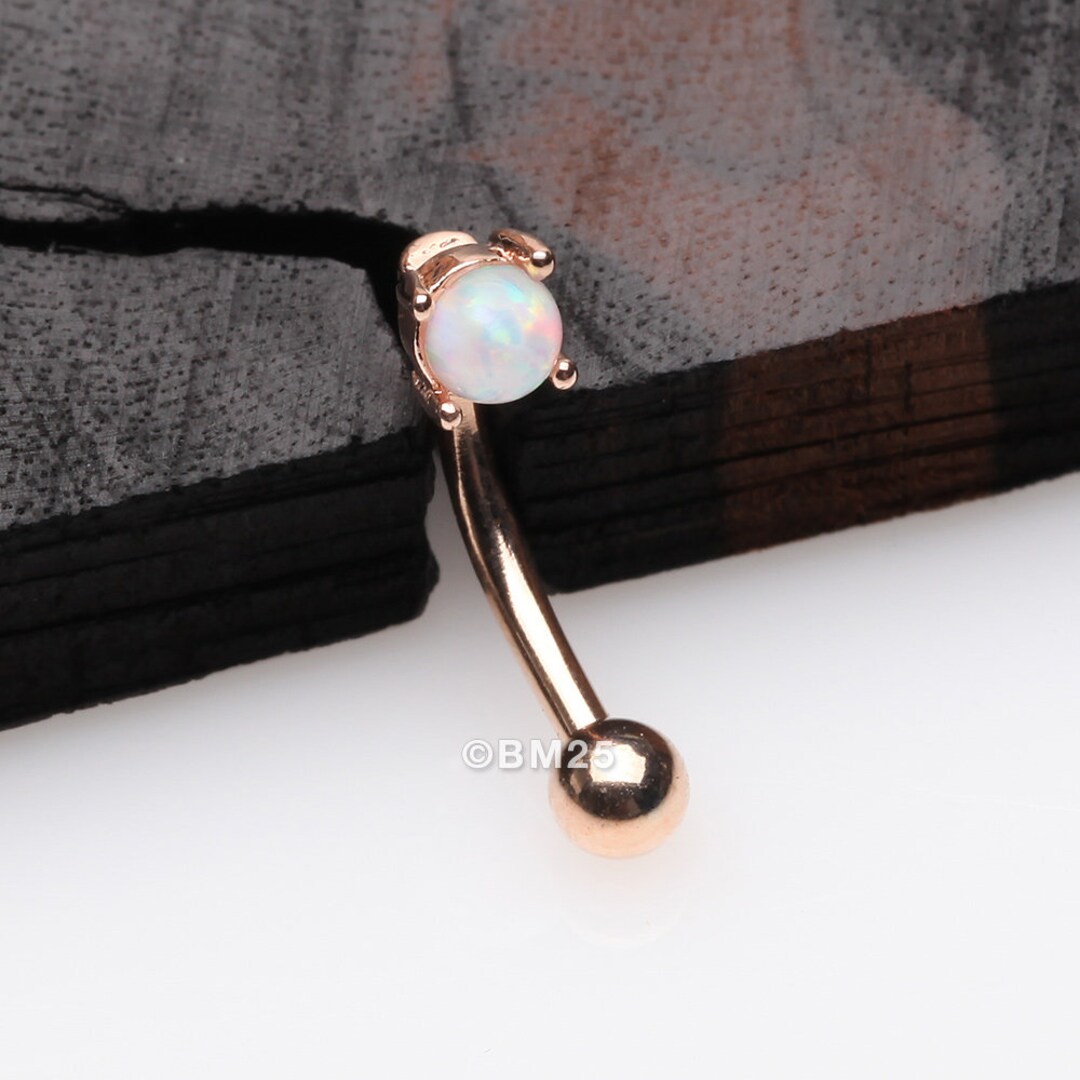 Rose Gold Fire Opal Prong Set Sparkle Curved Barbell-white Opal - Etsy