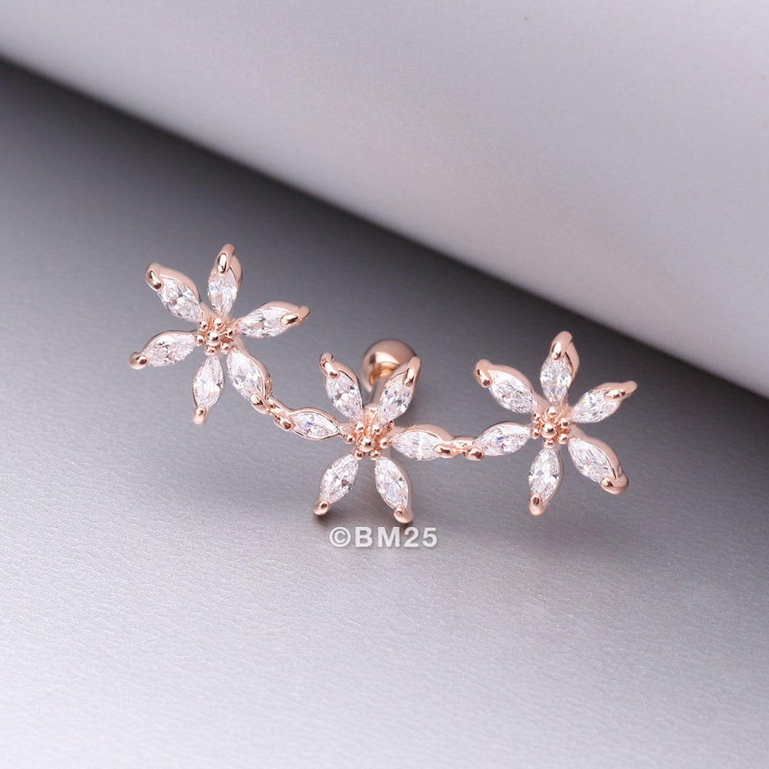 Rose Gold Grand Sparkle Triple Flowers Steel Cartilage Tragus Barbell ...
