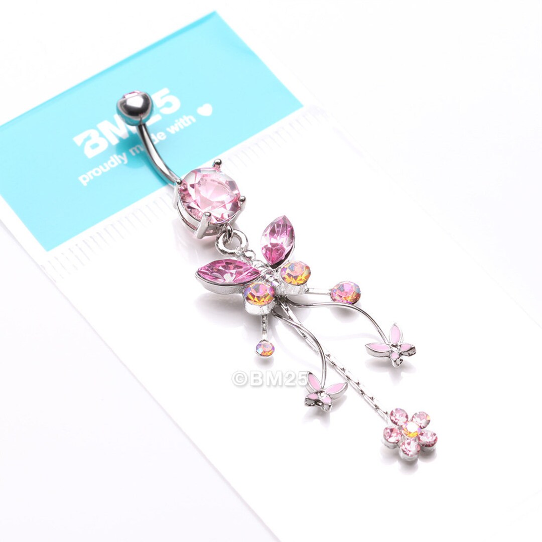 Butterfly Flower Garden Dangle Sparkle Belly Button Ring-pink/aurora ...
