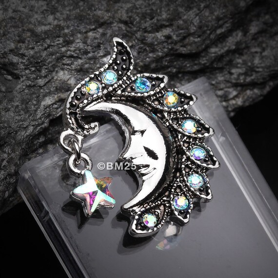 Sparkle Star Crescent Moon Reverse Belly Button Ring | Etsy