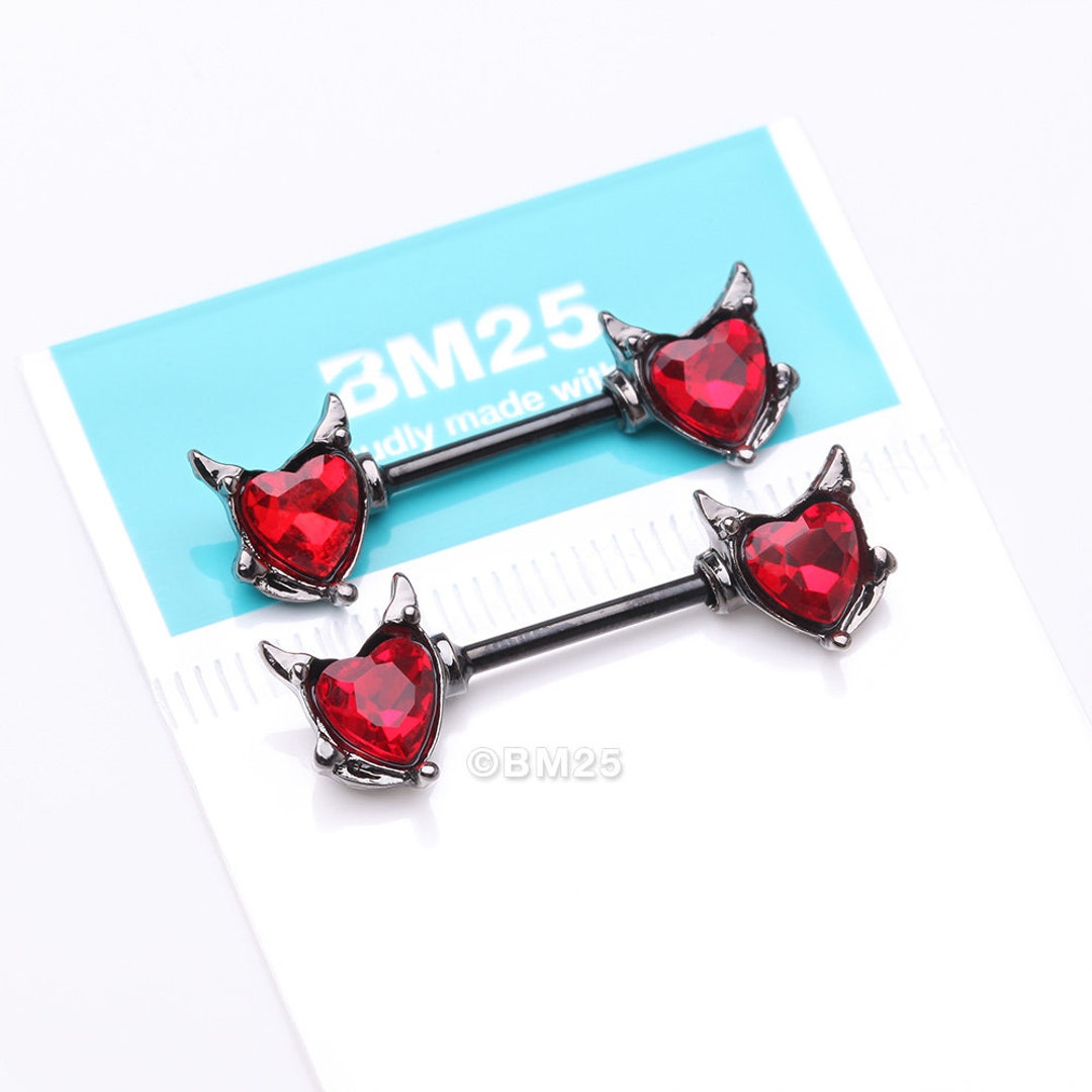 A Pair of Blackline Devil Heart Sparkle Nipple Barbell-red - Etsy
