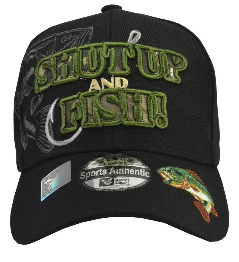 Shut Up and Fish Black hat embroidered with bass Free | Etsy