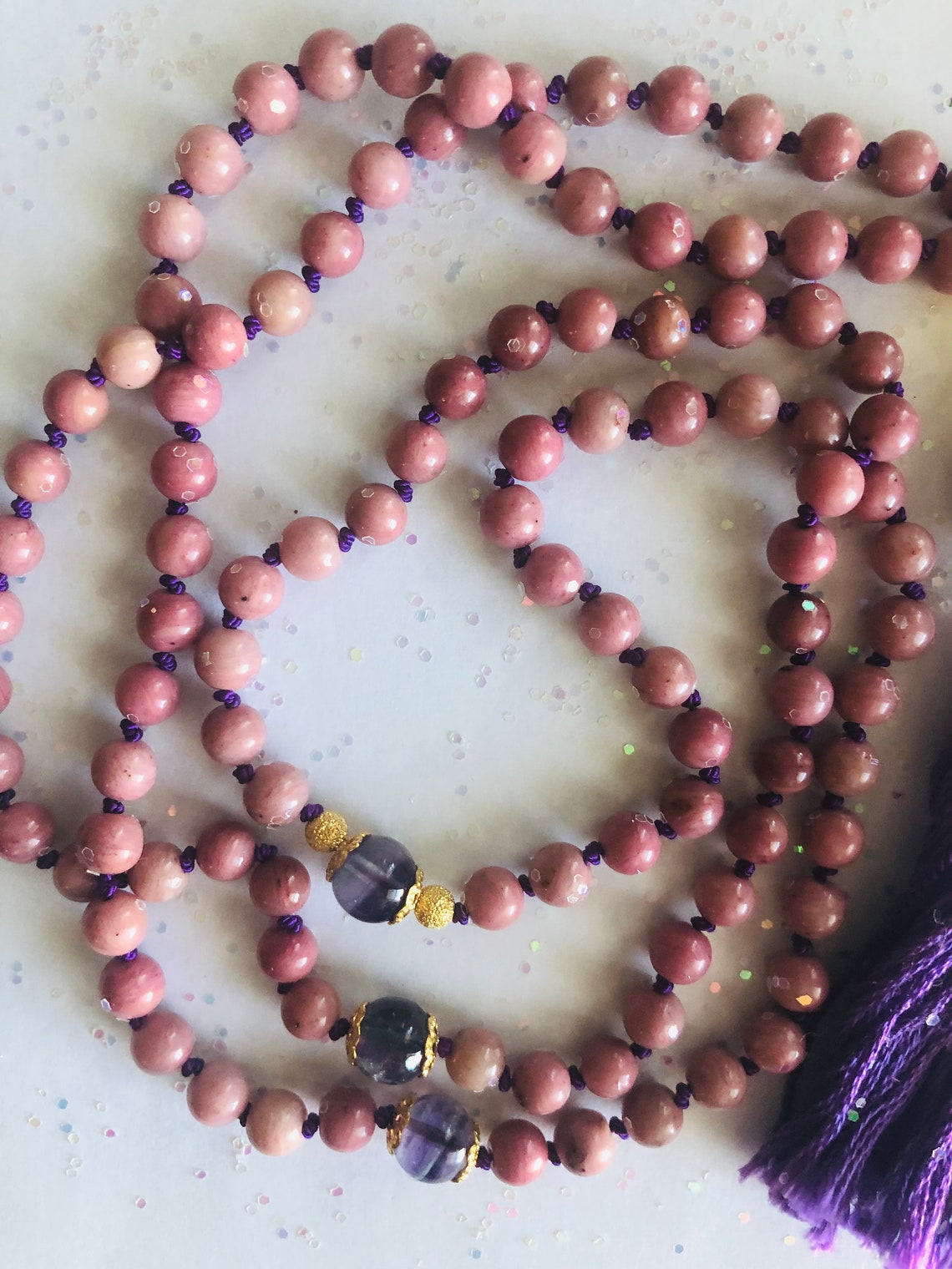 Rhodonite Mala. Purple Fluorite Mala. Heart Chakra Mala. Third Eye ...
