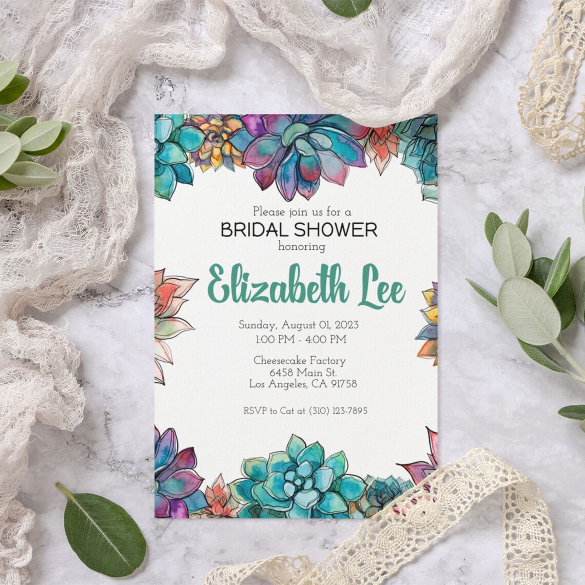 Succulent Theme Editable Template Invitation for a Bridal Shower Event ...