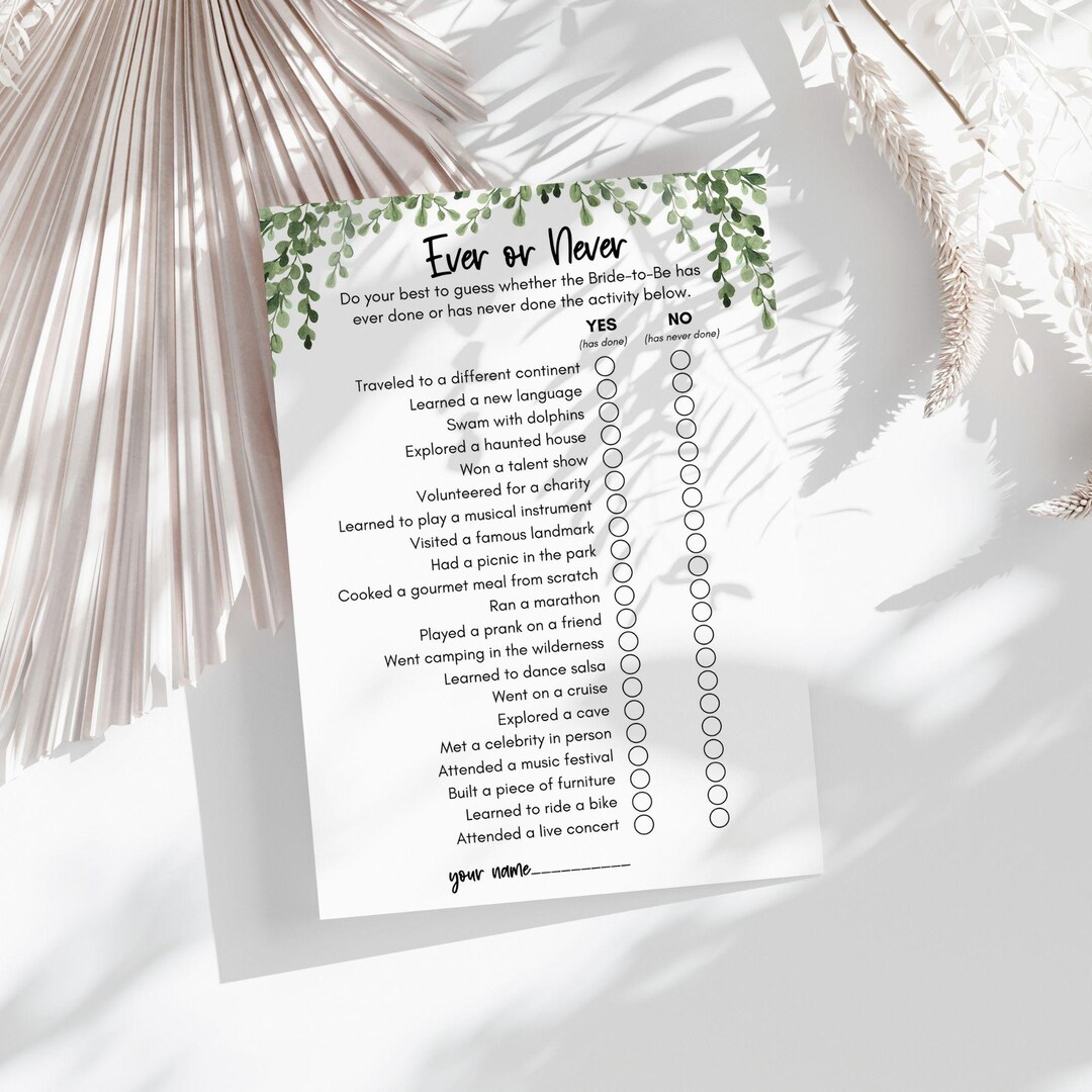 Ever or Never Bridal Shower Game: Fun Bachelorette Party Activity ...