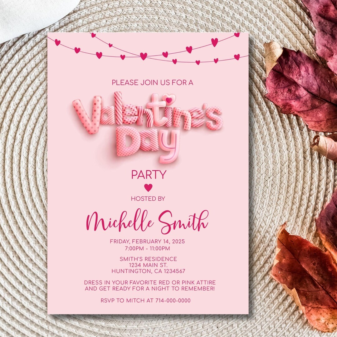 Editable Valentine's Day Party Invitation Template 5x7, Pink Heart ...