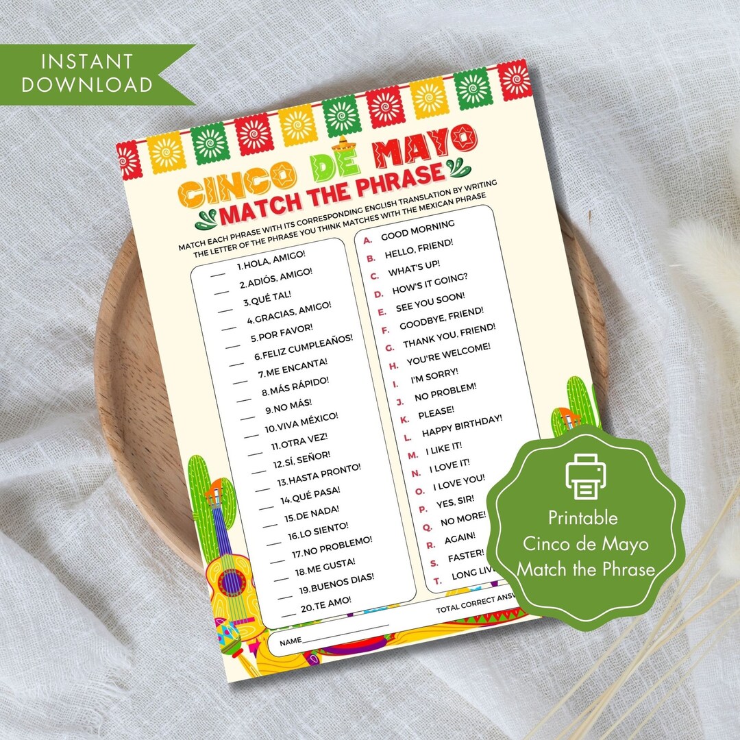 Cinco De Mayo Match the Phrase Printable Game 8.5x11, Corporate Party ...