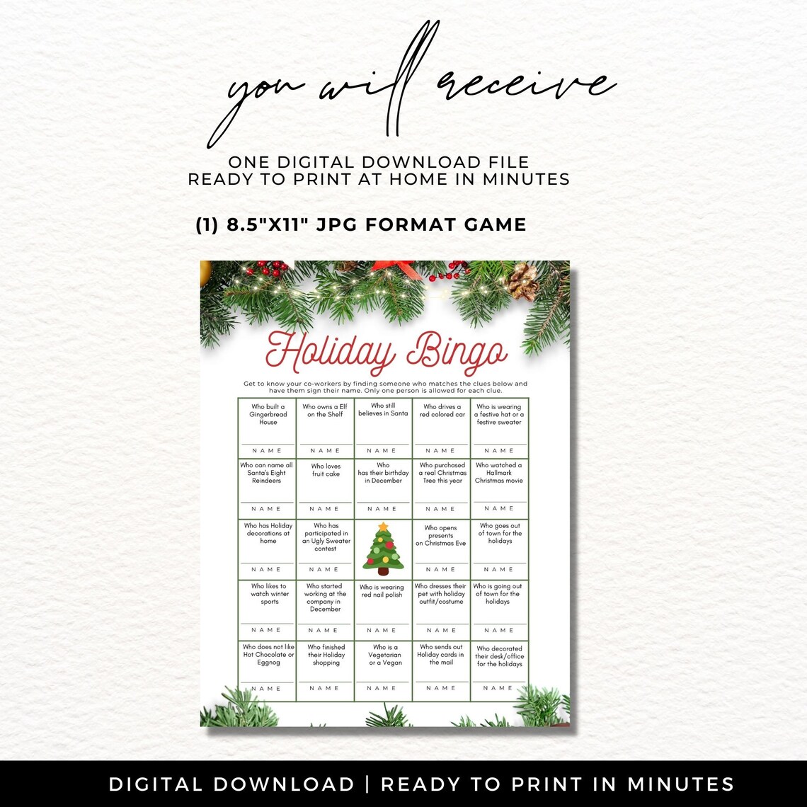 Christmas Game Holiday Bingo Printable 8.5x11, Office Holiday Party ...