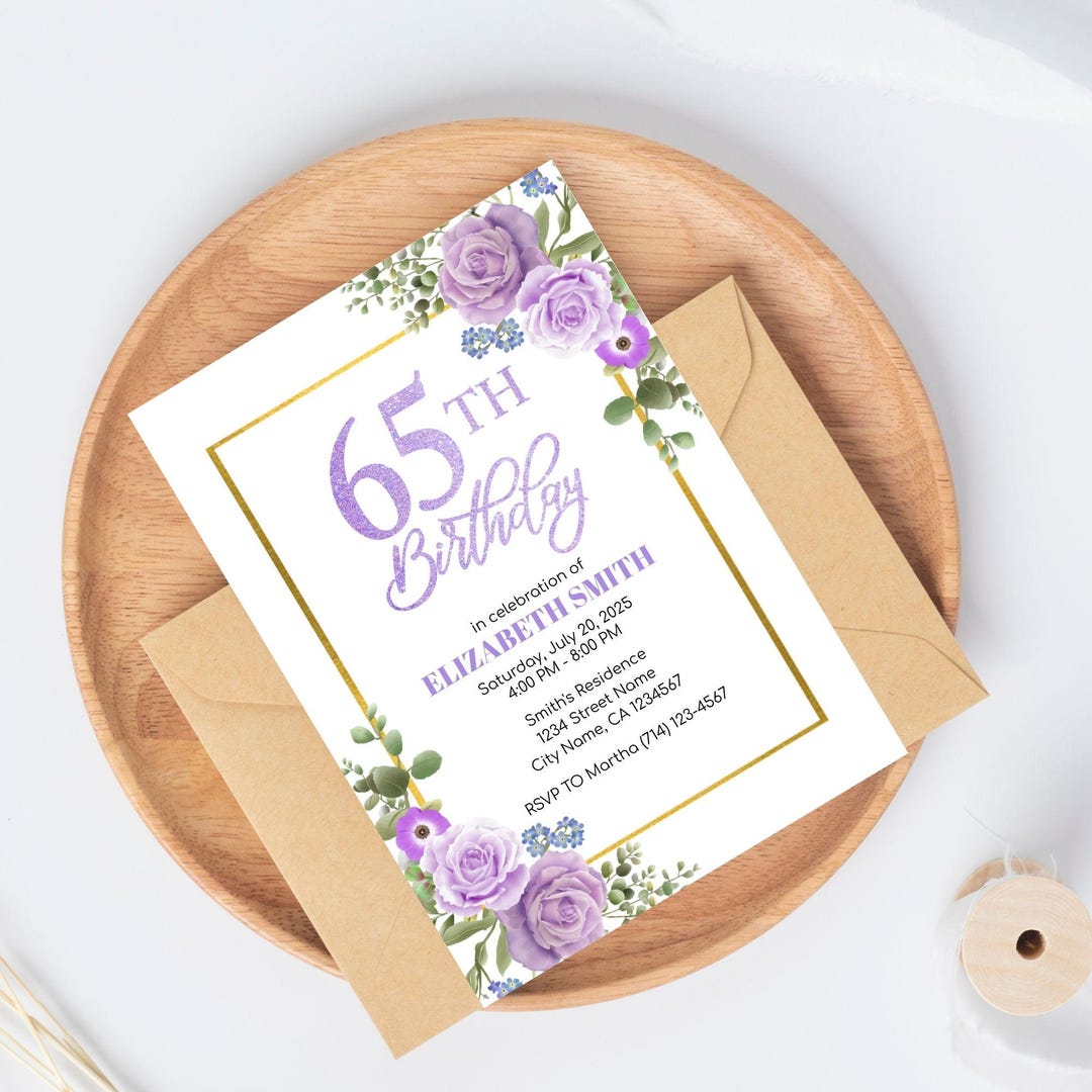 Editable 65th Birthday Party Invitation Template 5x7, Purple Floral ...