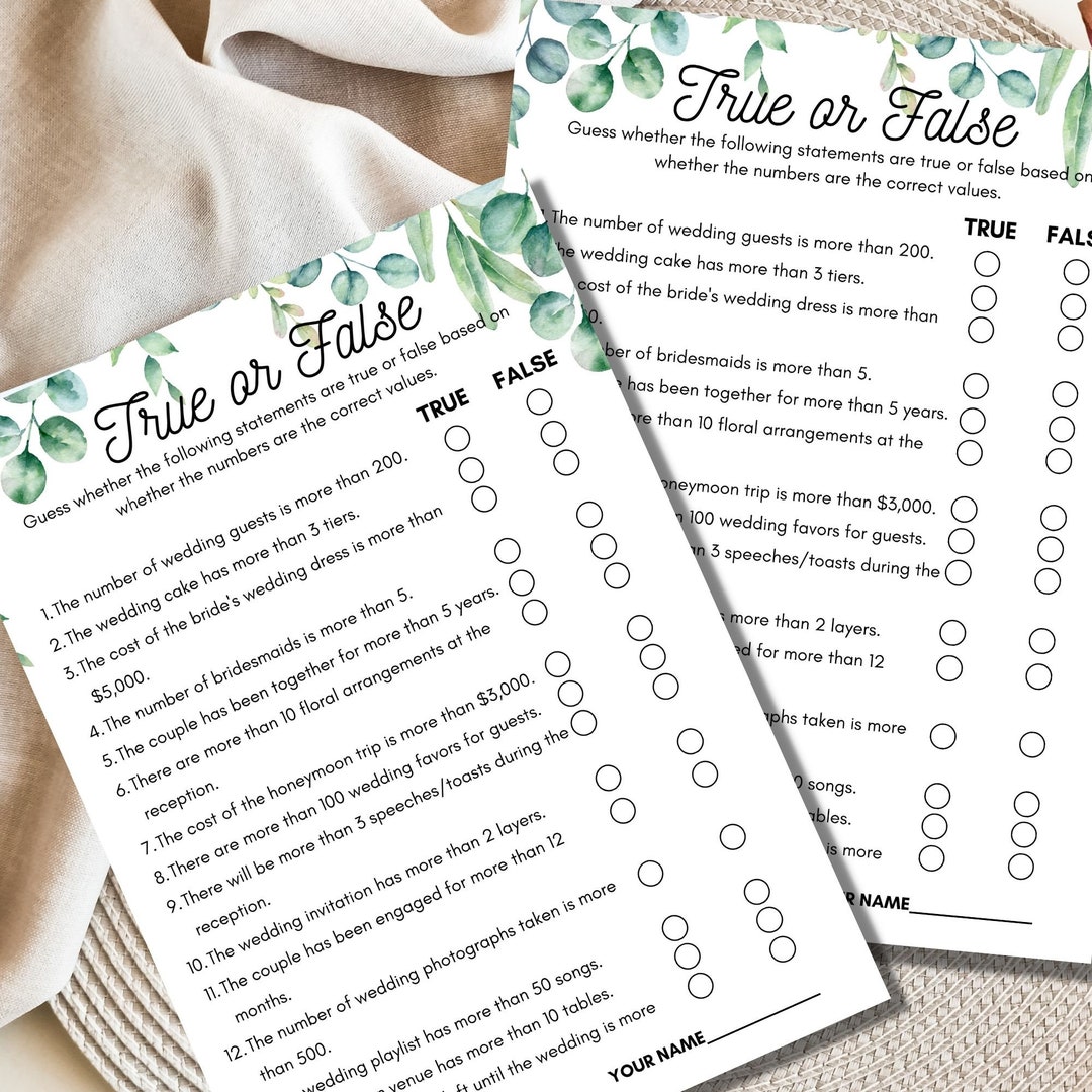 Bridal Shower True or False Game, True or False Bridal Shower Game ...