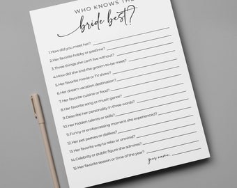 Who Knows the Bride Best Bridal Shower Printable Game 5x7, Bridal ...