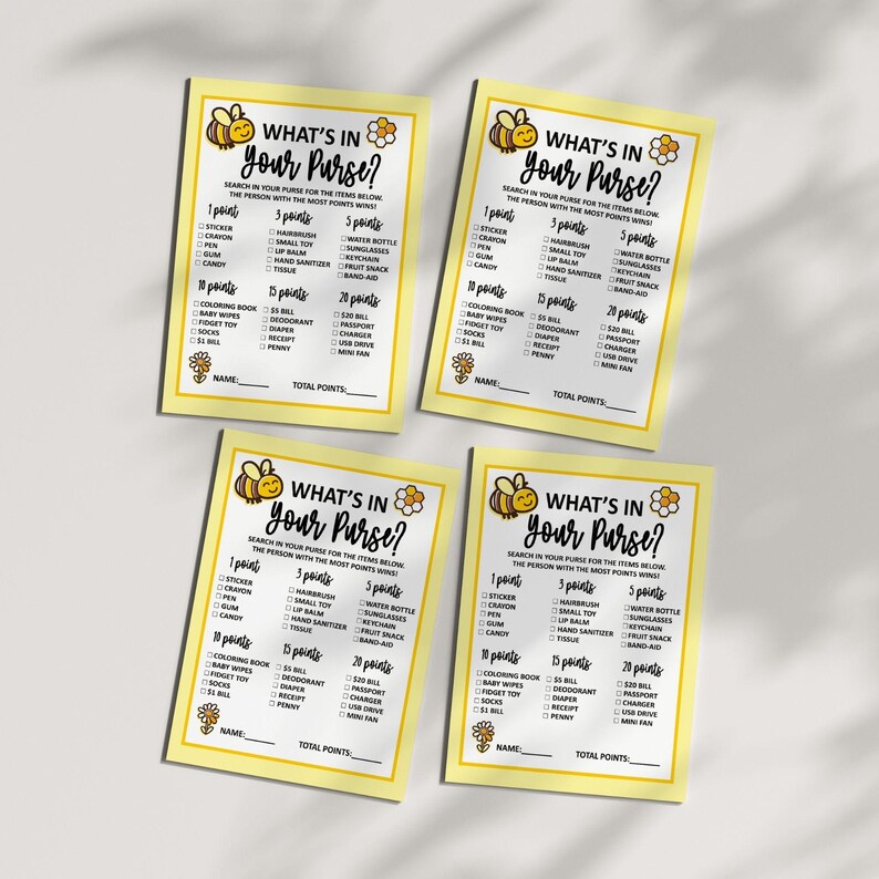 What's in Your Purse Baby Shower Game, Bumblebee Themed Baby Shower ...