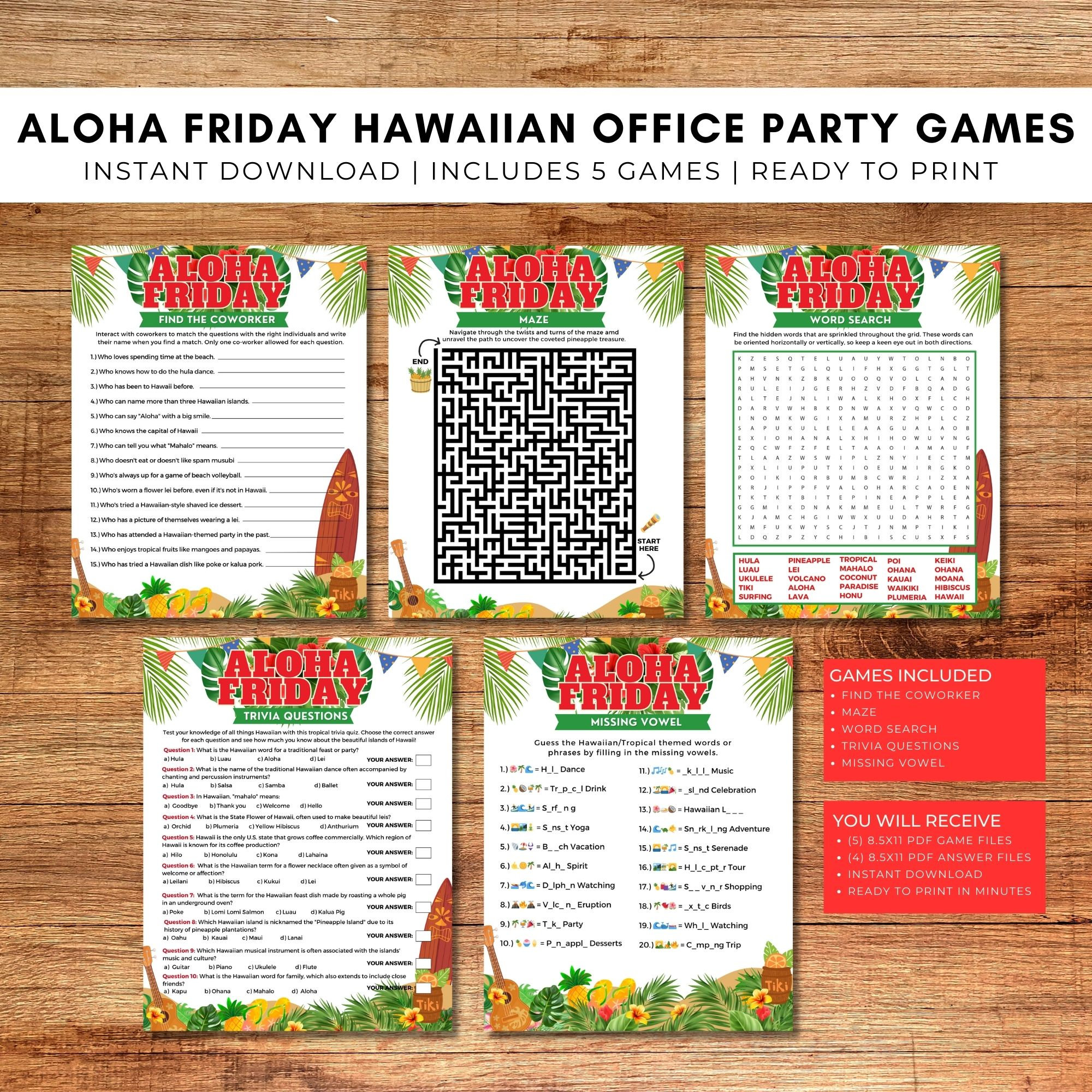Hawaiian Aloha Friday Office Party Games Bundle, Hawaiian Party Games ...