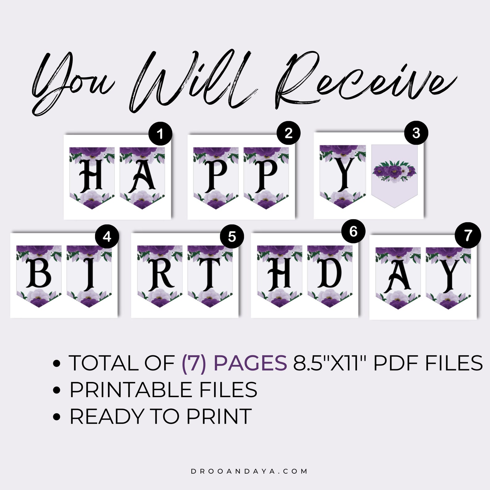 Purple Floral Theme Happy Birthday Printable Banner, Banners Happy ...