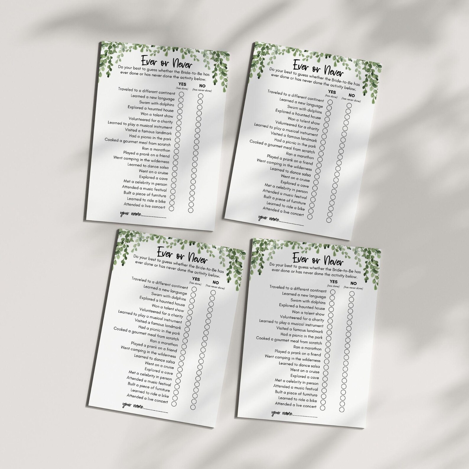 Ever or Never Bridal Shower Game: Fun Bachelorette Party Activity ...