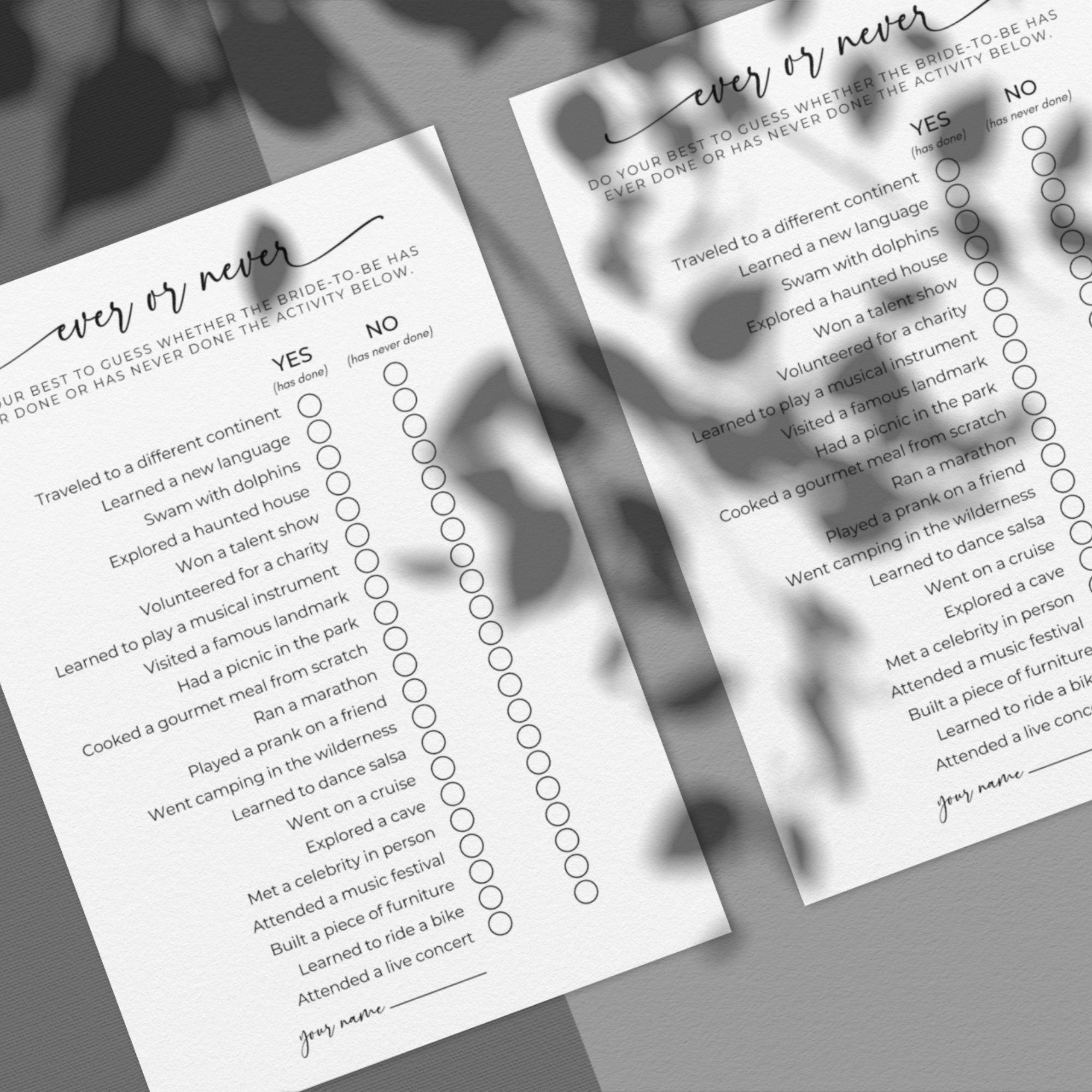 Ever or Never Bridal Shower Game, Bridal Party Game, Party Guessing ...