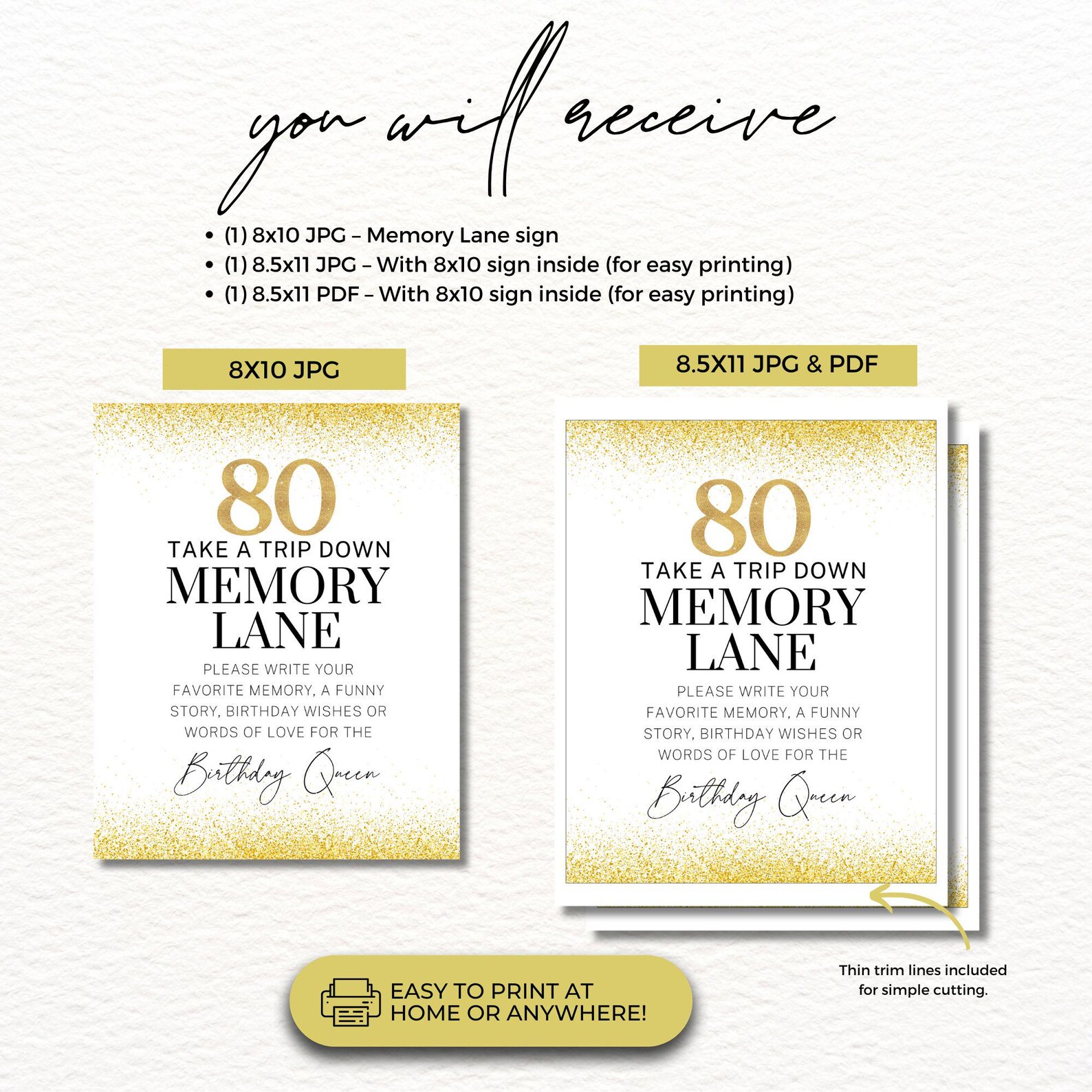 80th Birthday Memory Lane Sign: Gold Guest Book Alternative (digital ...