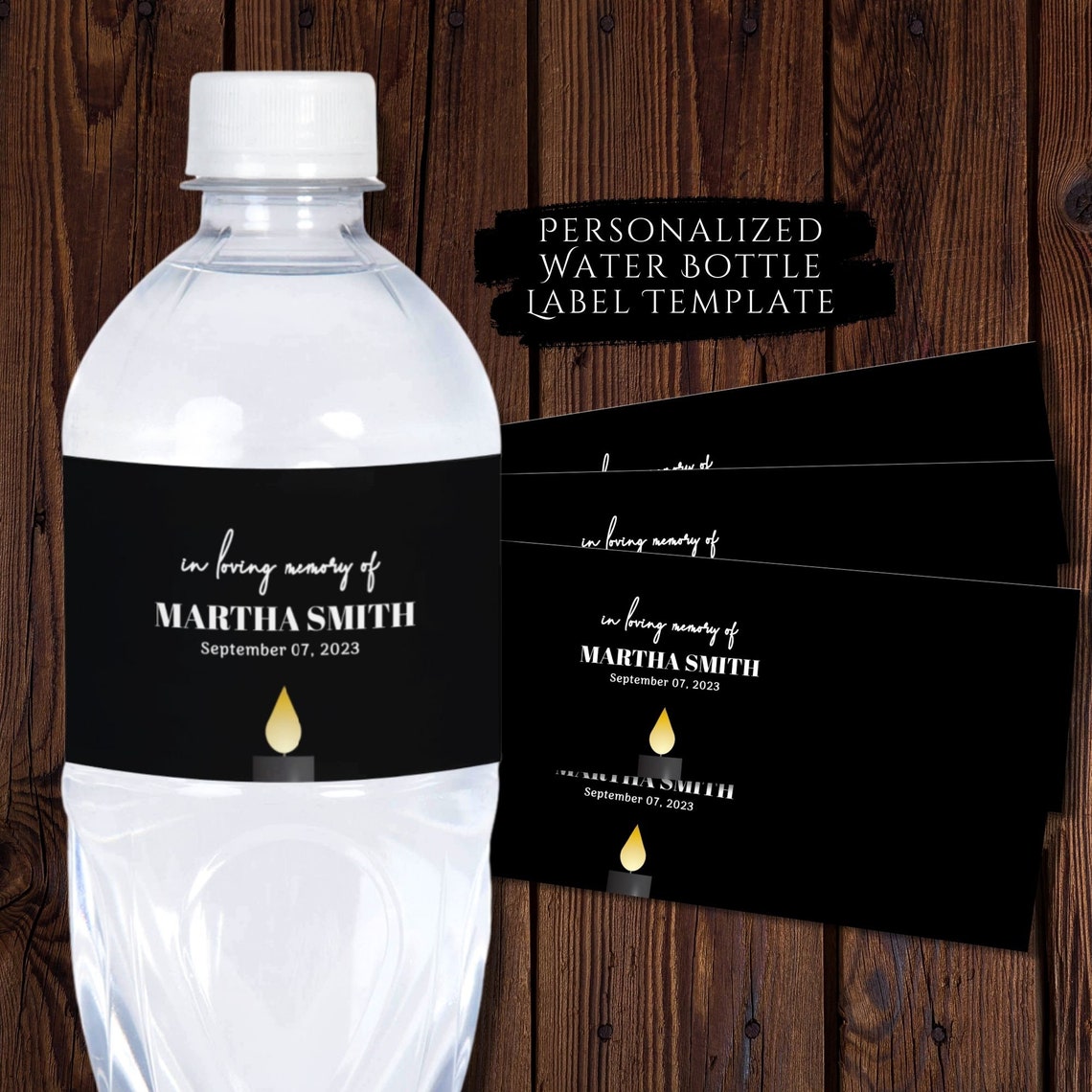 Personalized Memorial Water Bottle Label Template: Candle Design ...