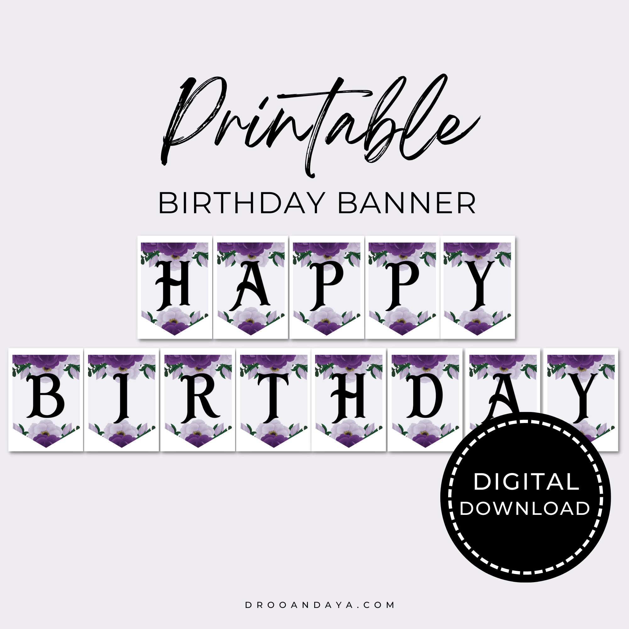 Purple Floral Theme Happy Birthday Printable Banner, Banners Happy ...