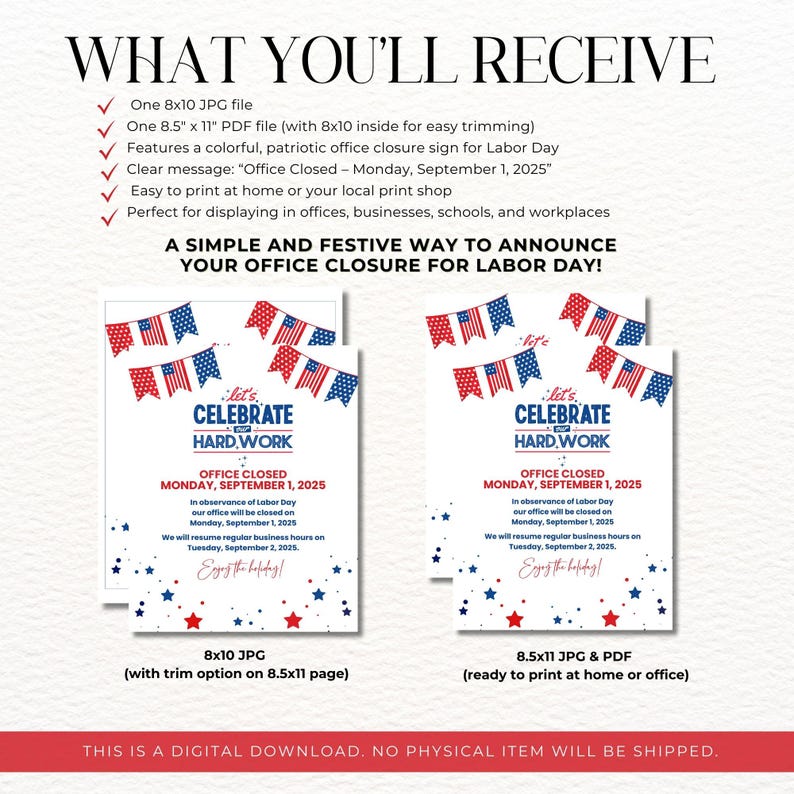 Labor Day Office Closure Sign: Printable Business Holiday Decor ...