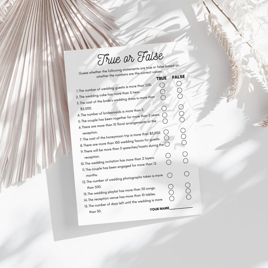 Bridal Shower Game, True or False Wedding Trivia, Fun Printable Bridal ...