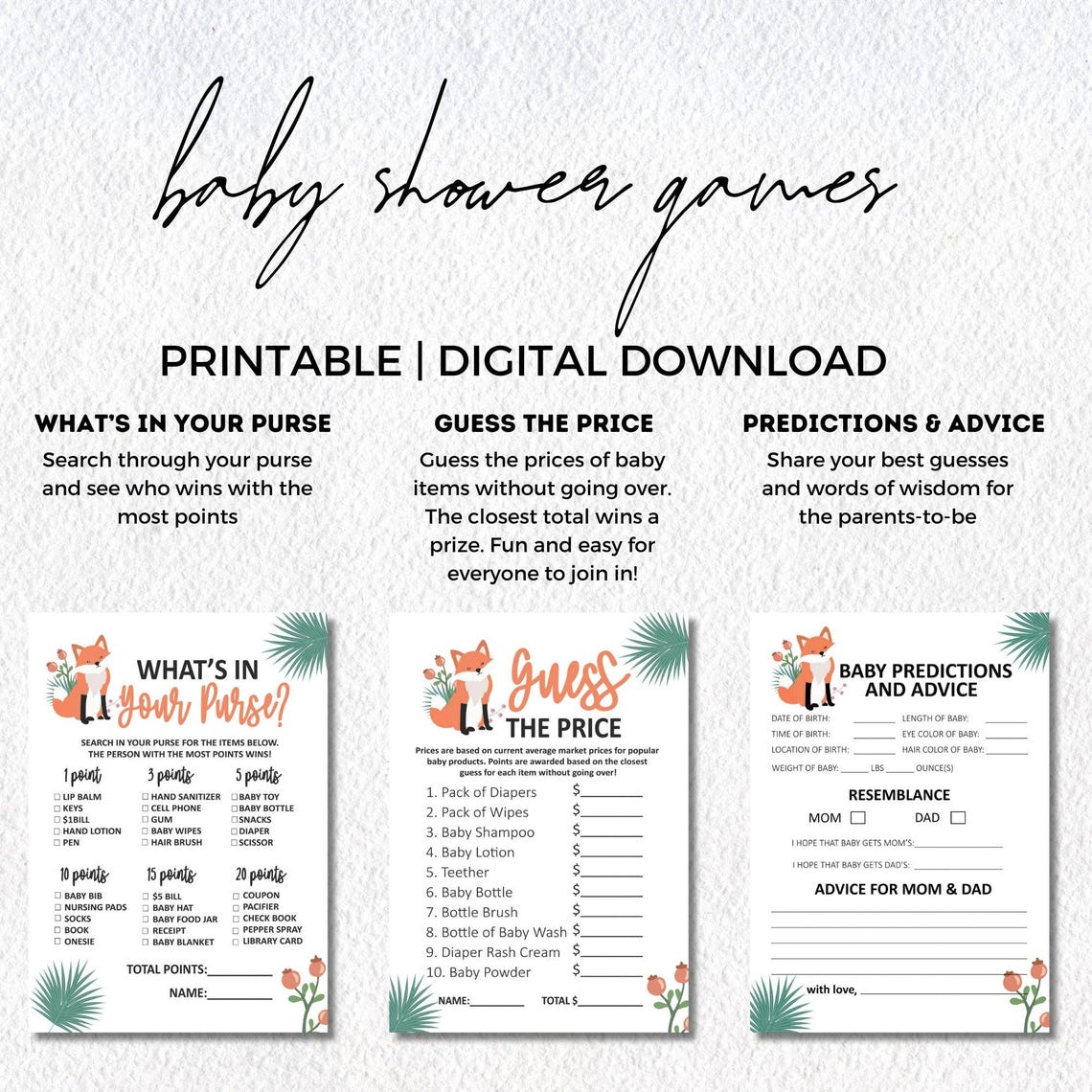 Fox Baby Shower Game Bundle: Predictions, Price Guess, Purse Game ...