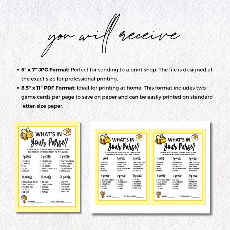 What's in Your Purse Baby Shower Game, Bumblebee Themed Baby Shower ...