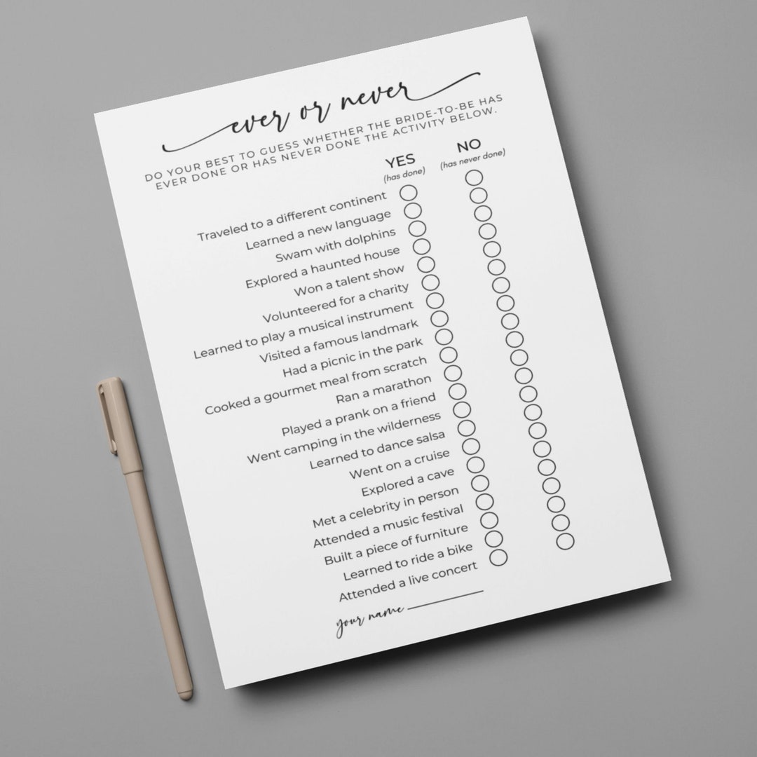 Ever or Never Bridal Shower Game, Bridal Party Game, Party Guessing ...