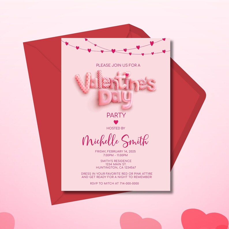 Editable Valentine's Day Party Invitation Template 5x7, Pink Heart ...