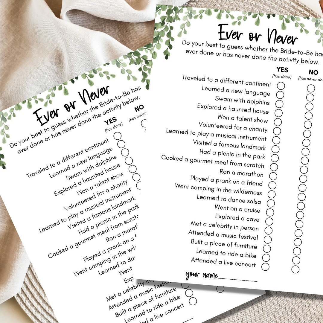 Ever or Never Bridal Shower Game, Bridal Party Game, Party Guessing ...