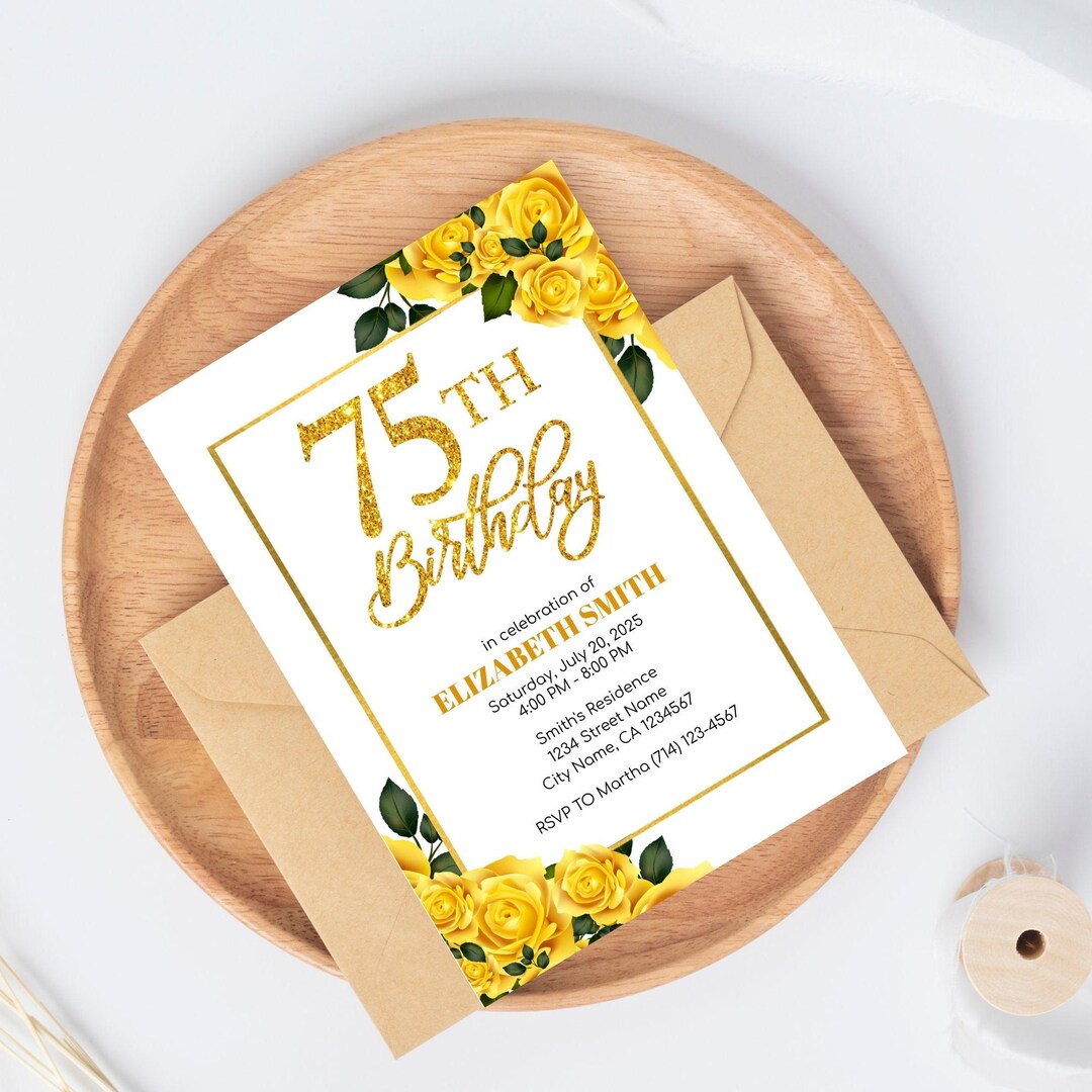 Floral 75th Birthday Invitation Template: Gold Details (digital ...