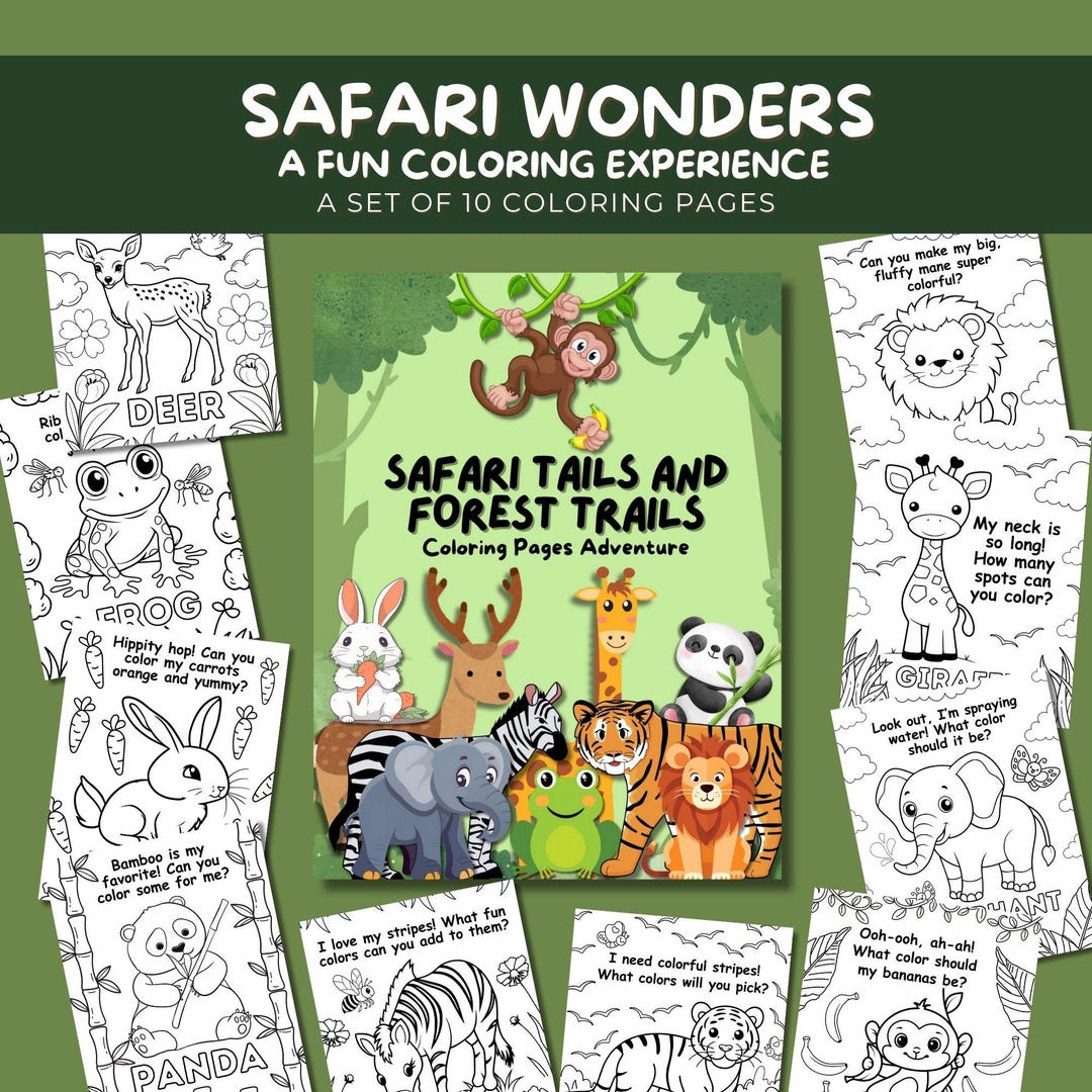 Safari Tails and Forest Trails Printable Coloring Book for Kids, 10 ...