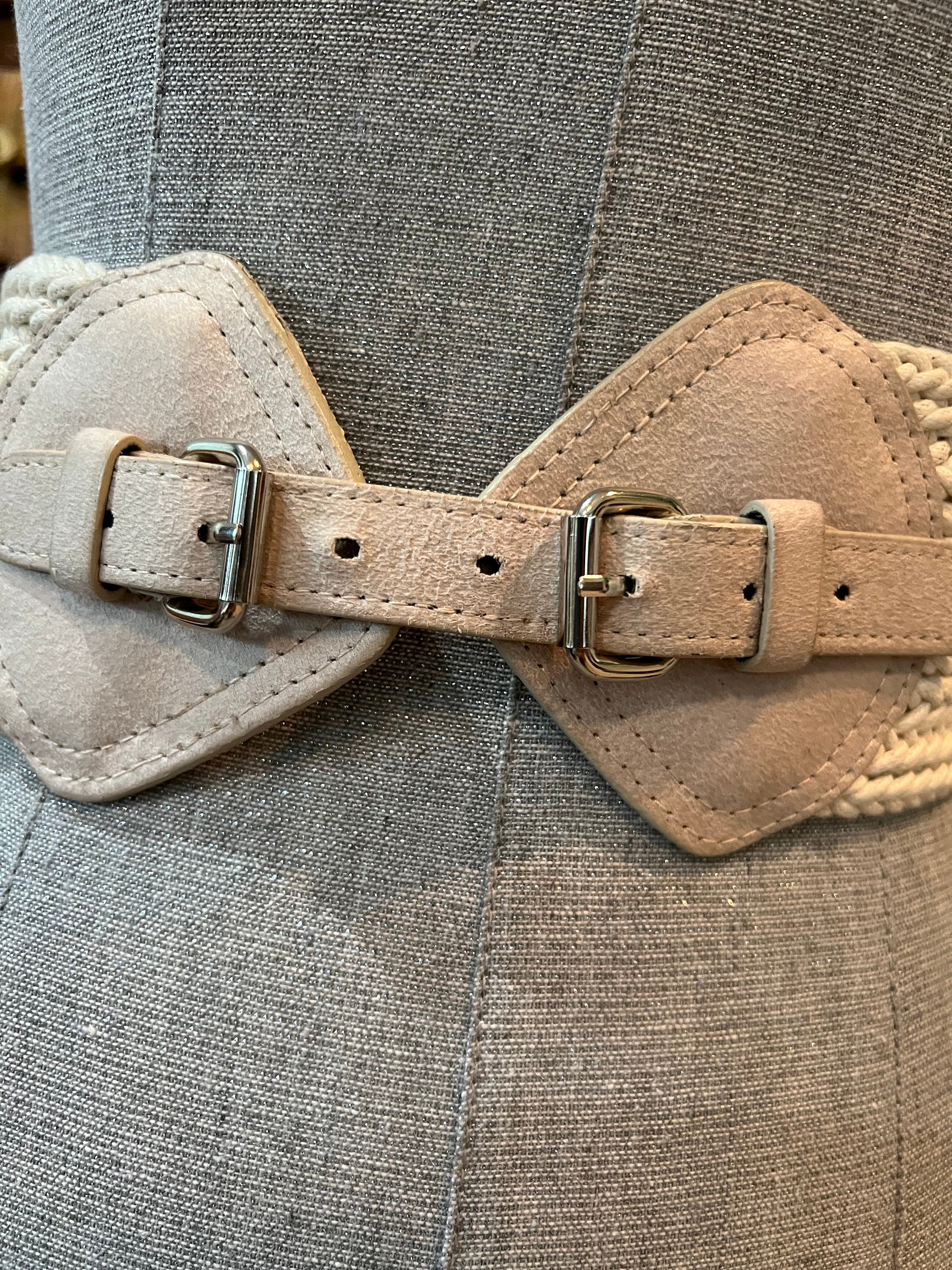 Off-white Wide Woven Waist Belt With Faux Leather Accent & Silver ...