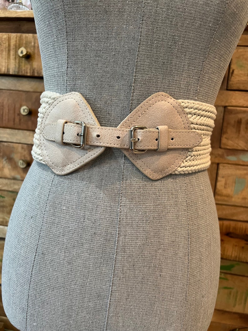 Off-white Wide Woven Waist Belt With Faux Leather Accent & Silver ...