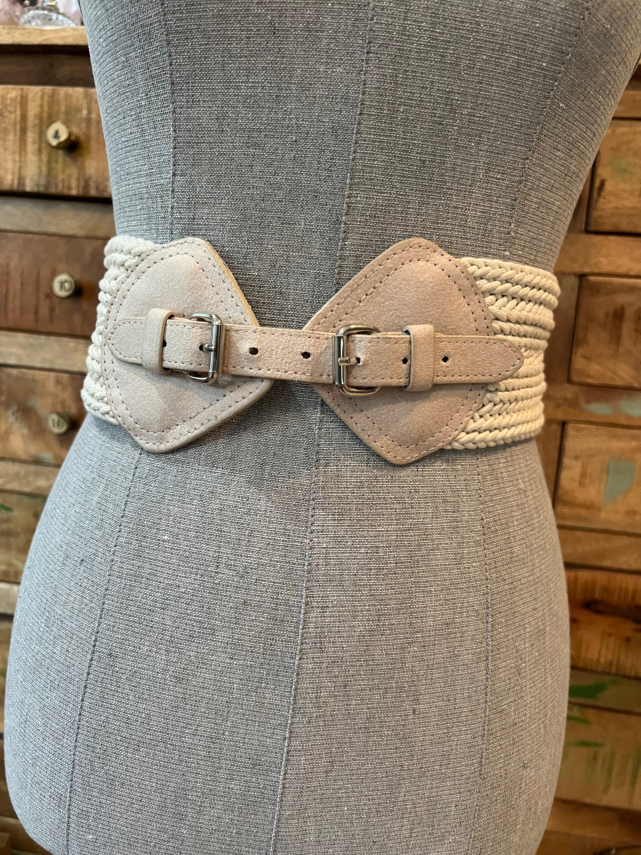 Off-white Wide Woven Waist Belt With Faux Leather Accent & Silver ...