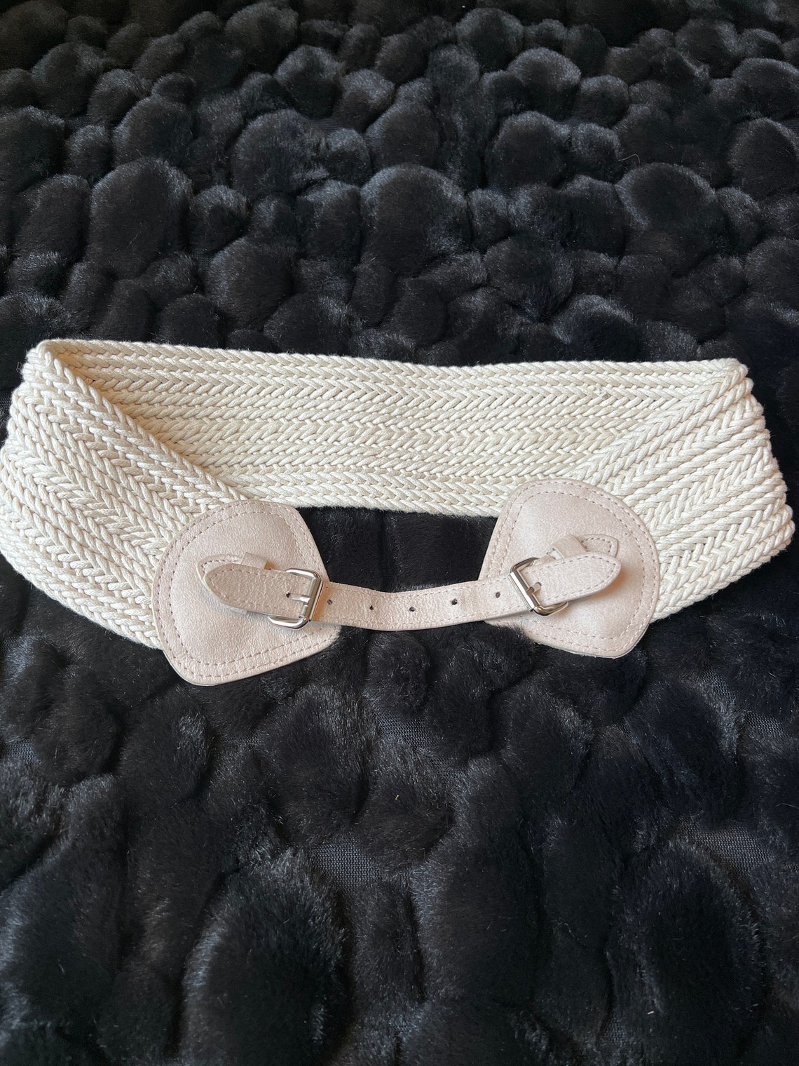 Off-white Wide Woven Waist Belt With Faux Leather Accent & Silver ...