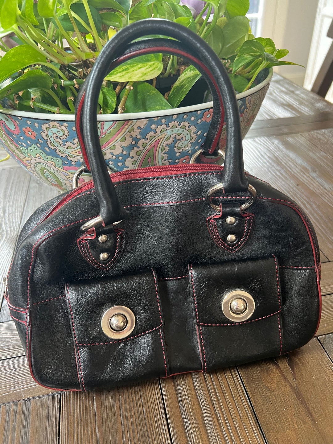 Wilson by Pelle Studio Black Leather Handbag With Red Top Stitching - Etsy