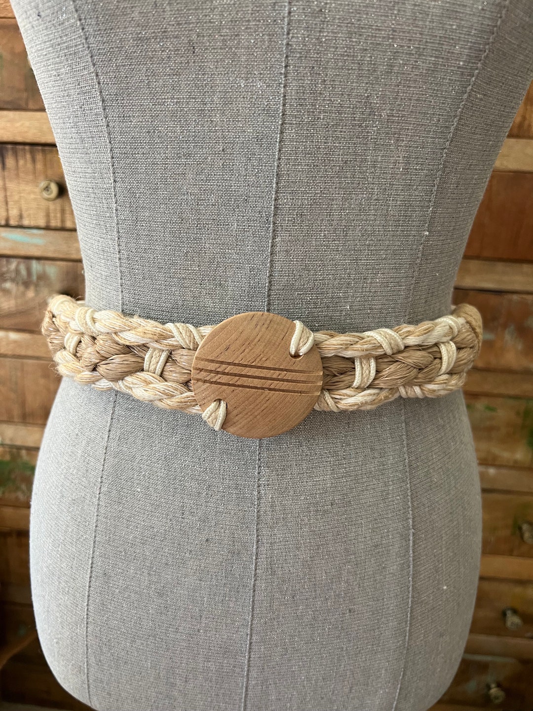 Vintage Leather Shop Jute & Rope Braided Beige/tan Belt With Wood ...