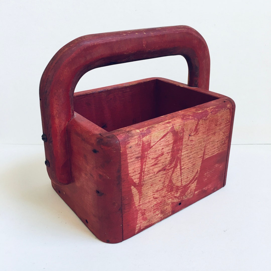 Vintage Handmade Wood Tool Carrier Box , Red Color the Handle With a 3 ...