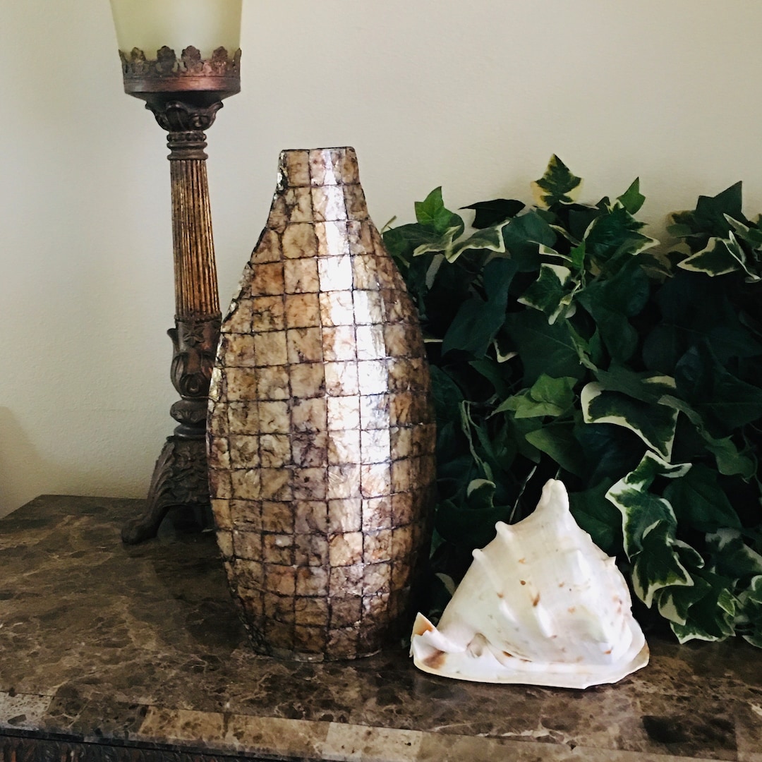 Mother of Pearl Mosaic Vase, Vintage Handmade Large Mother of Pearl ...