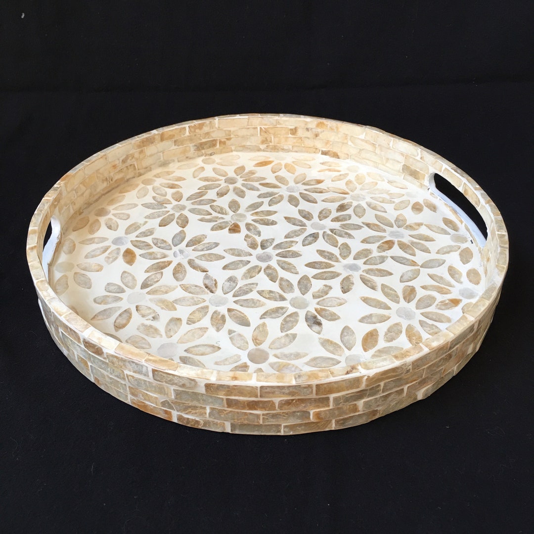 Mother of Pearl Tray , Handmade Round Decor Beige Color Serving Tray ...