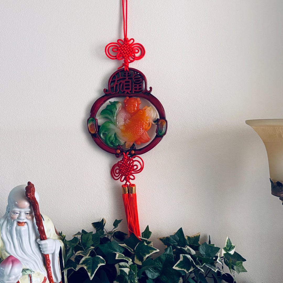 Vintage Asian Large 3D Lucky Wall Hanging Kid and Fish Poly Resin Faux Jade 12"x10" E3-160 - Etsy