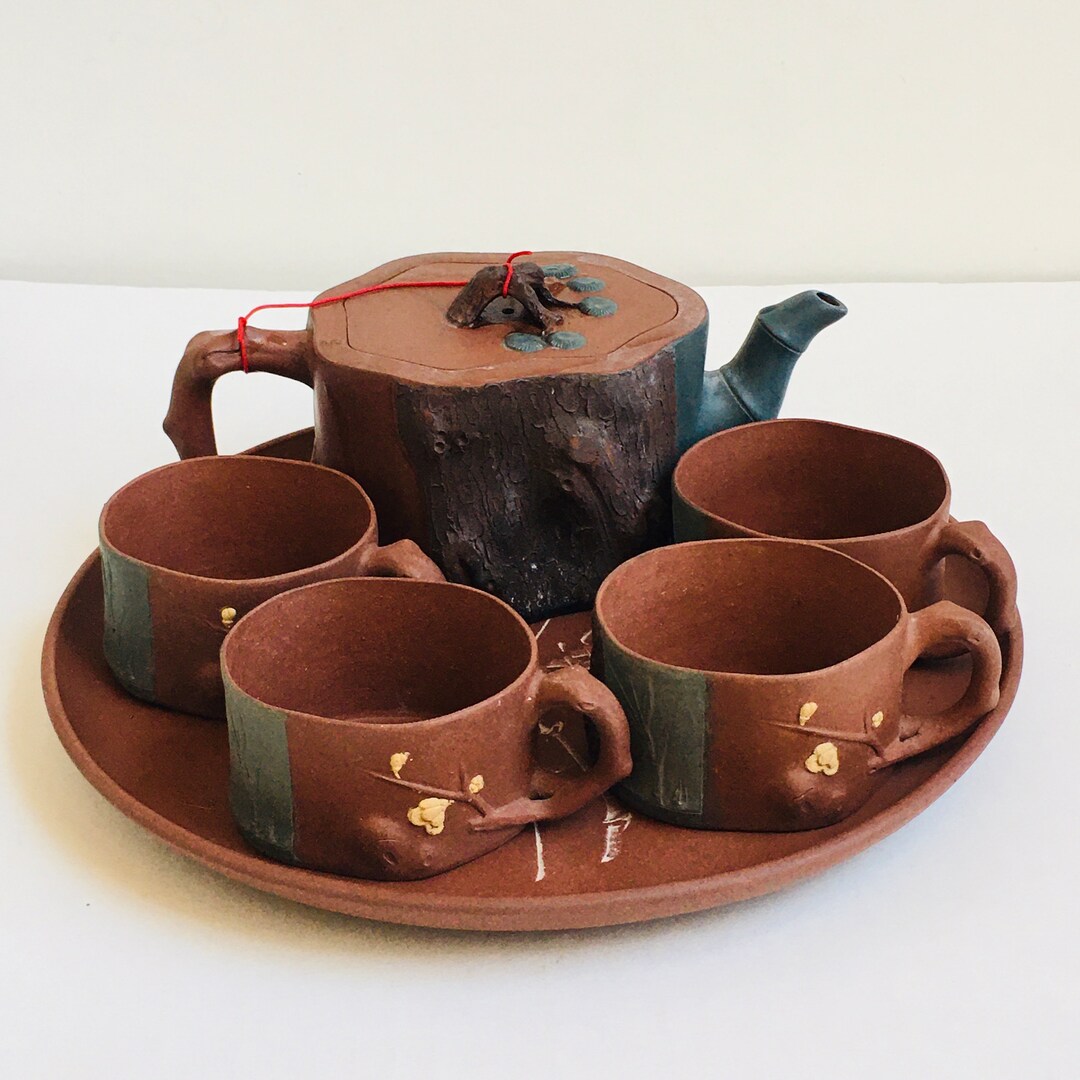 Vintage 1980s Set of 6 Purple Clay Yixing Zisha Teapot and Tea Cups ...