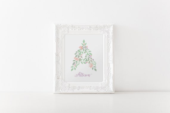 Custom Letter and Name Watercolor Floral Accent Monogram 8x10 - Etsy