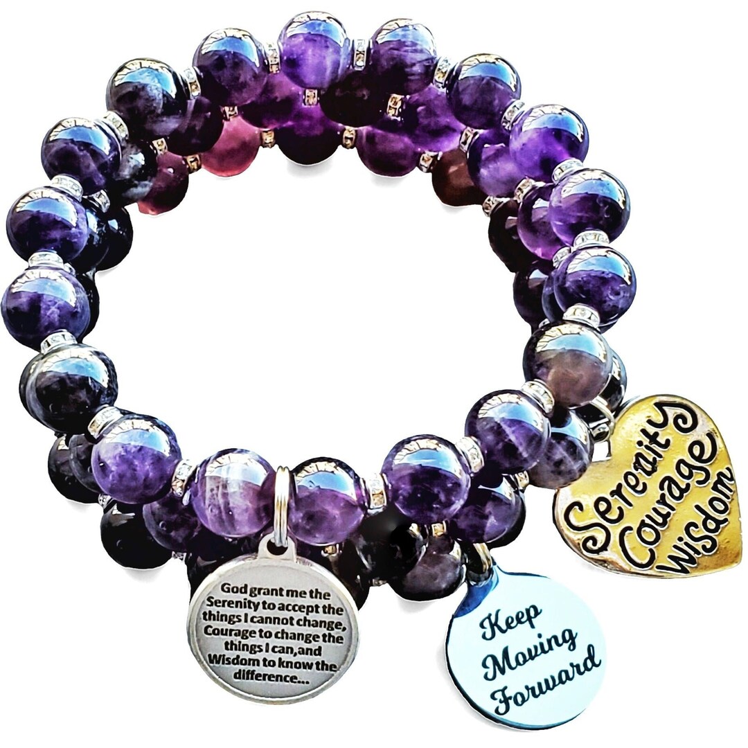 Amethyst Serenity Prayer Beaded Gemstone Bracelets, Recovery Bracelet ...