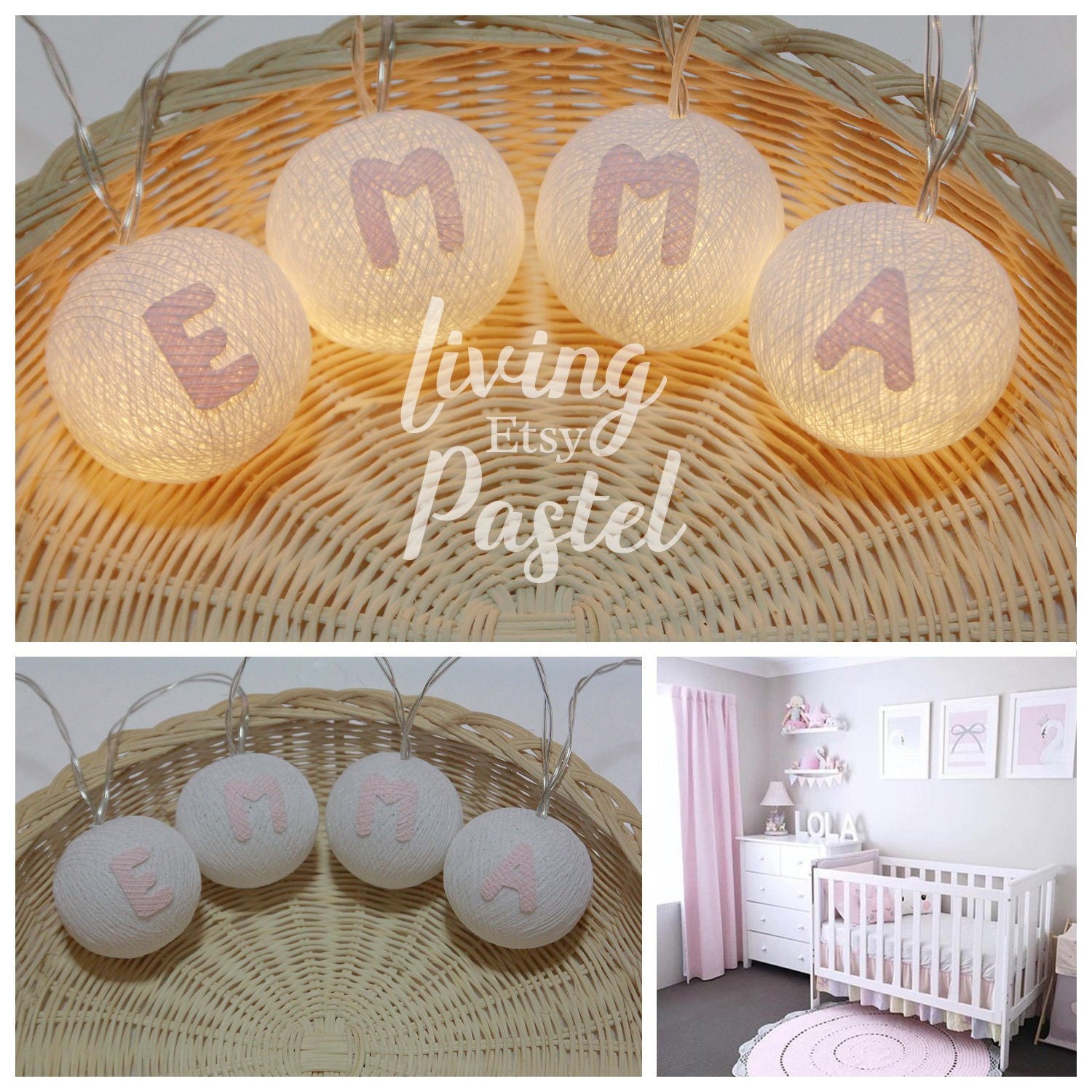 Personalized Custom Letter Cotton Balls String Lights Bedroom Nursery ...